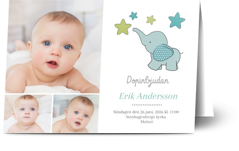 Inbjudningskort till dop, 4 foton (fotokollage), tecknad, elefant ...